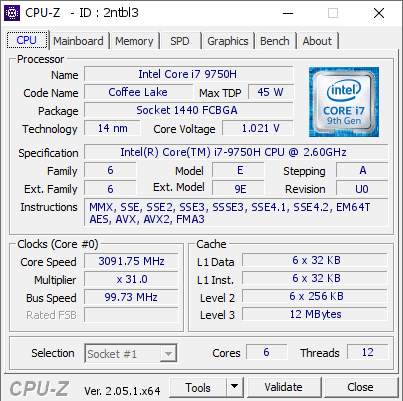 Intel Core i7 9750H @ 3091.75 MHz - CPU-Z VALIDATOR