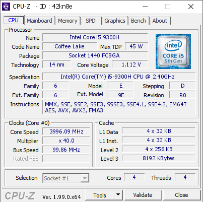 Intel Core i5 9300H @ 3996.09 MHz - CPU-Z VALIDATOR