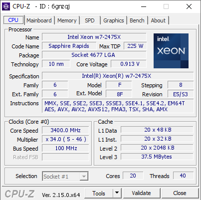 Intel Xeon w7-2475X @ 3400 MHz - CPU-Z VALIDATOR