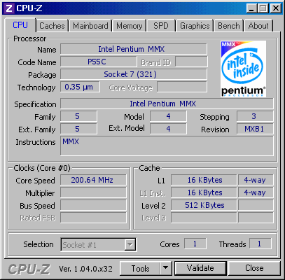 Intel Pentium MMX @ 200.64 MHz - CPU-Z VALIDATOR