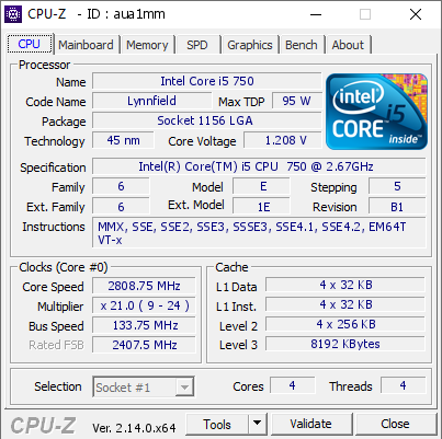 Intel Core i5 750 @ 2808.75 MHz - CPU-Z VALIDATOR