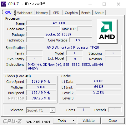 AMD K8 @ 1595.9 MHz - CPU-Z VALIDATOR