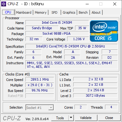 Intel Core i5 2450M @ 2893.1 MHz - CPU-Z VALIDATOR