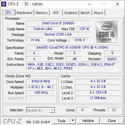 Intel Core i5 10600K @ 4700 MHz - CPU-Z VALIDATOR