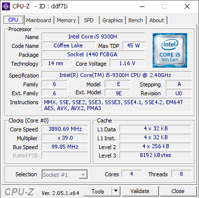 Intel Core i5 9300H @ 3890.69 MHz - CPU-Z VALIDATOR