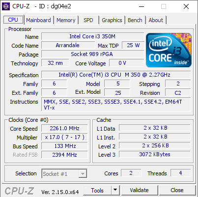 Intel Core i3 350M @ 2261 MHz - CPU-Z VALIDATOR