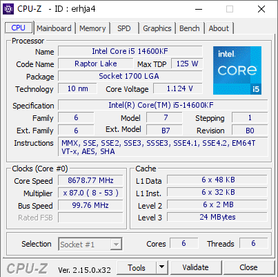 Intel Core i5 14600KF @ 8678.77 MHz - CPU-Z VALIDATOR