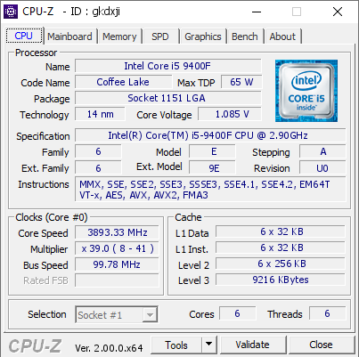 Intel Core i5 9400F @ 3893.33 MHz - CPU-Z VALIDATOR