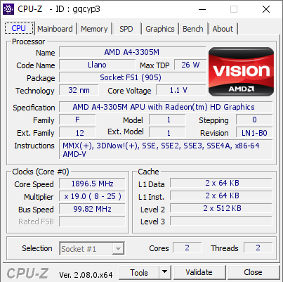 AMD A4-3305M @ 1896.5 MHz - CPU-Z VALIDATOR
