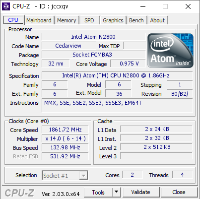 Intel Atom N2800 @ 1861.72 MHz - CPU-Z VALIDATOR