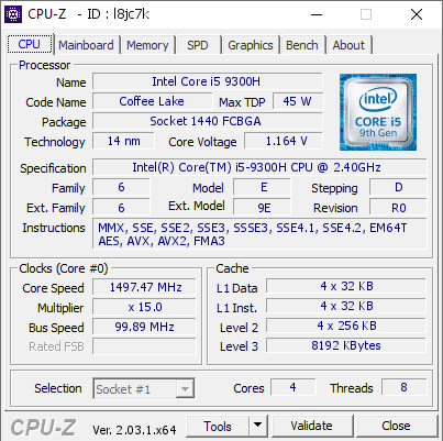 Intel Core i5 9300H @ 1497.47 MHz - CPU-Z VALIDATOR