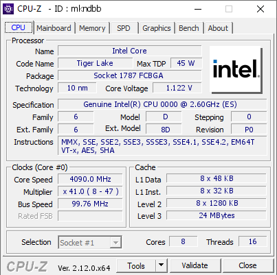 Intel Core @ 4090 MHz - CPU-Z VALIDATOR