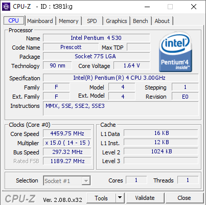 Intel Pentium 4 530 @ 4459.75 MHz - CPU-Z VALIDATOR