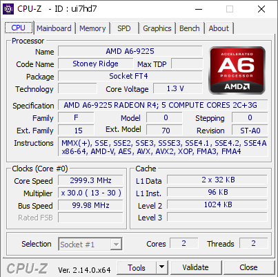 AMD A6-9225 @ 2999.3 MHz - CPU-Z VALIDATOR
