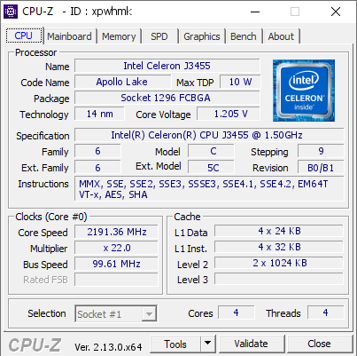 Intel Celeron J3455 @ 2191.36 MHz - CPU-Z VALIDATOR
